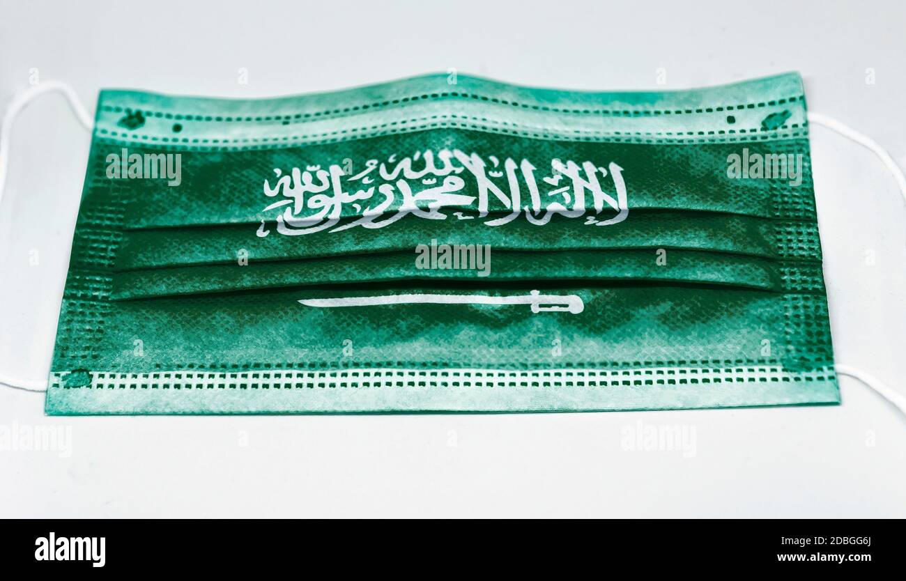 surgical mask with the national flag of Saudi Arabia printed. Pandemic ...