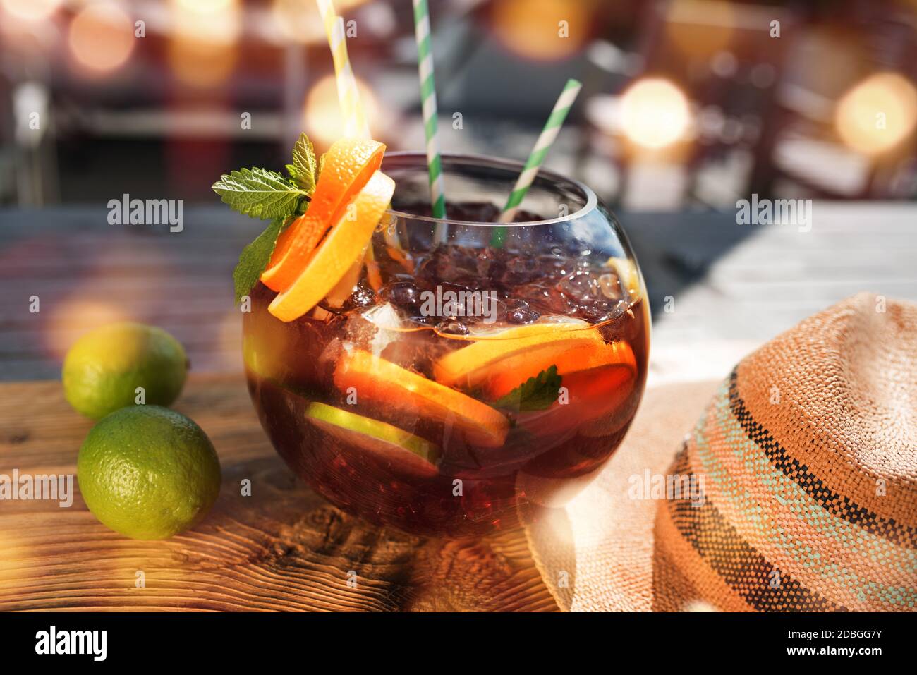 Summer scenery in a bar with fruity fresh sangria. Vacation background ...