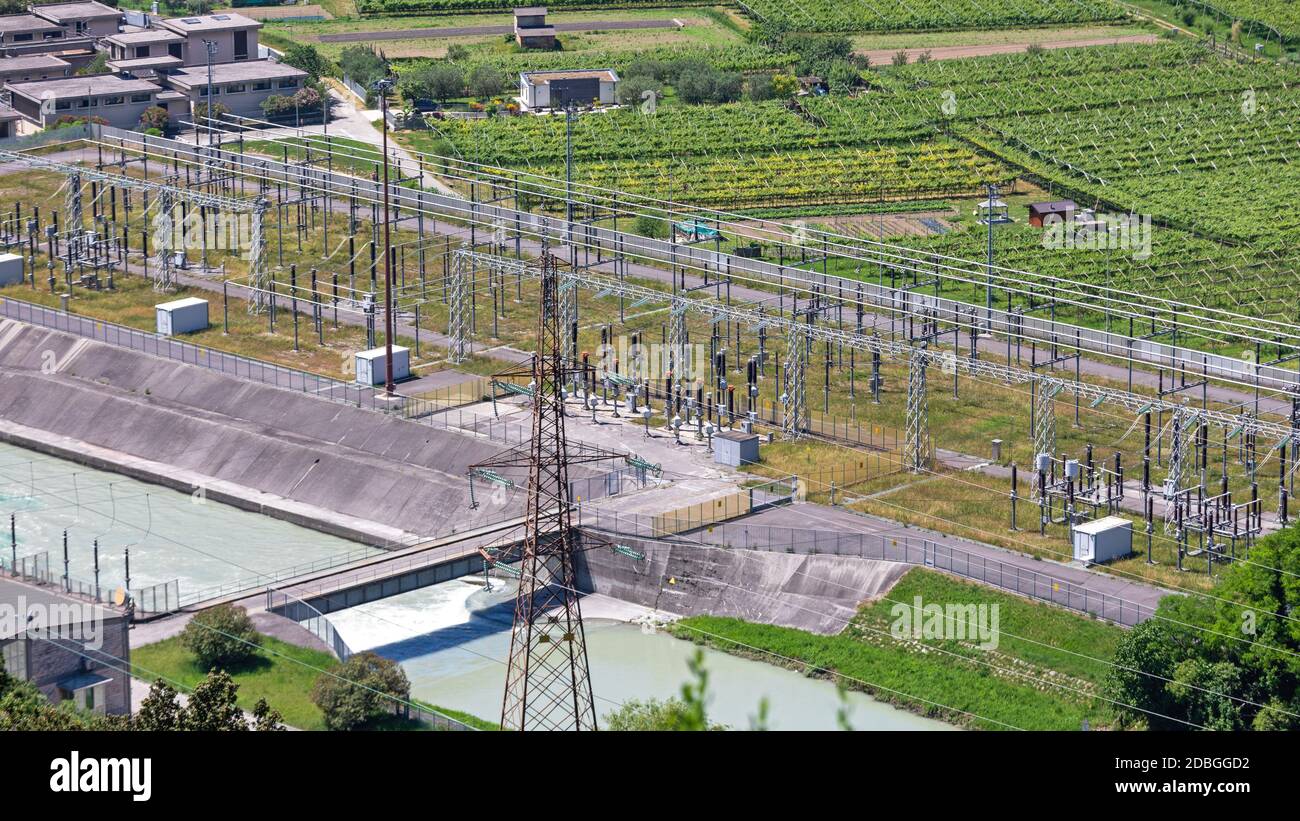 Electric Power Energy Transformer Station and Canal Water Stock Photo ...