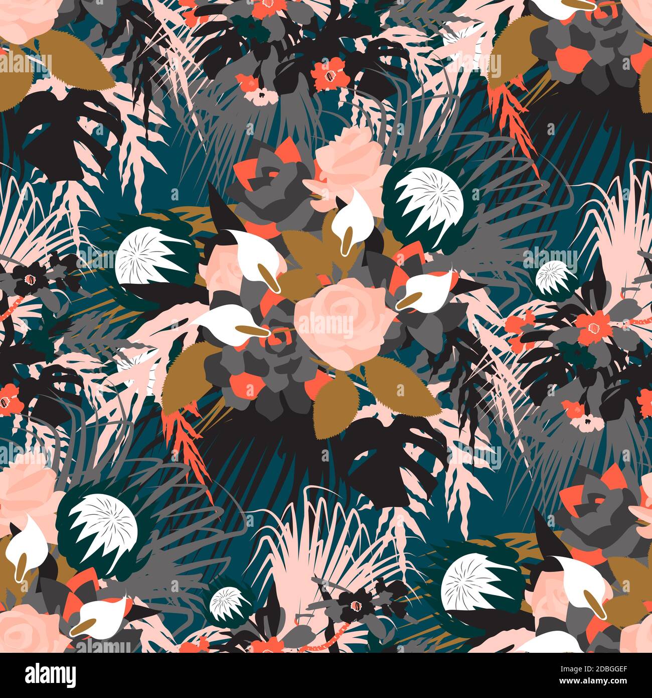 Floral boho seamless pattern with tropical flowers and leaves Stock ...