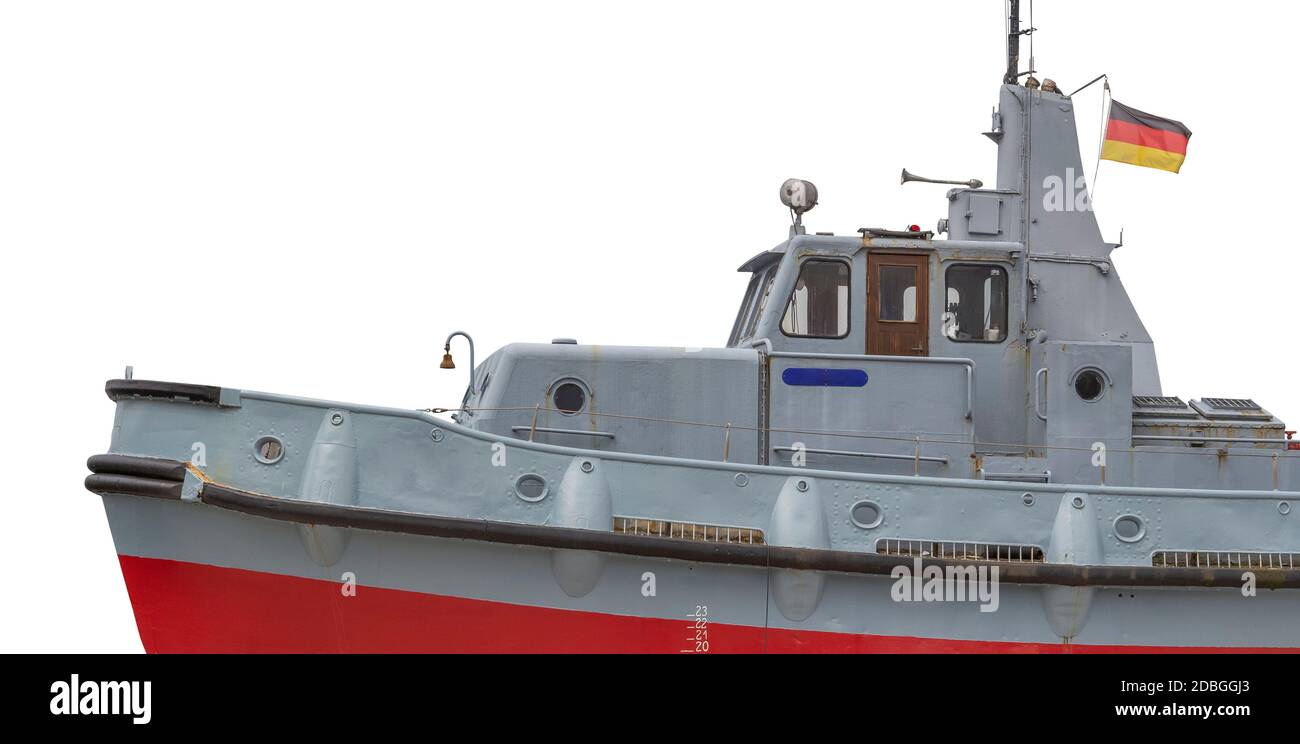 detail of a historic tugboat seen in Northern Germany isolated in white ...