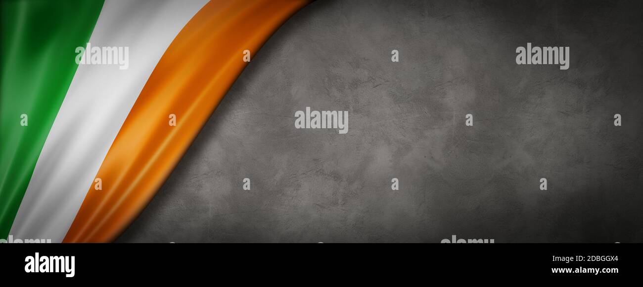 Ireland flag on concrete wall. Horizontal panoramic banner. 3D ...