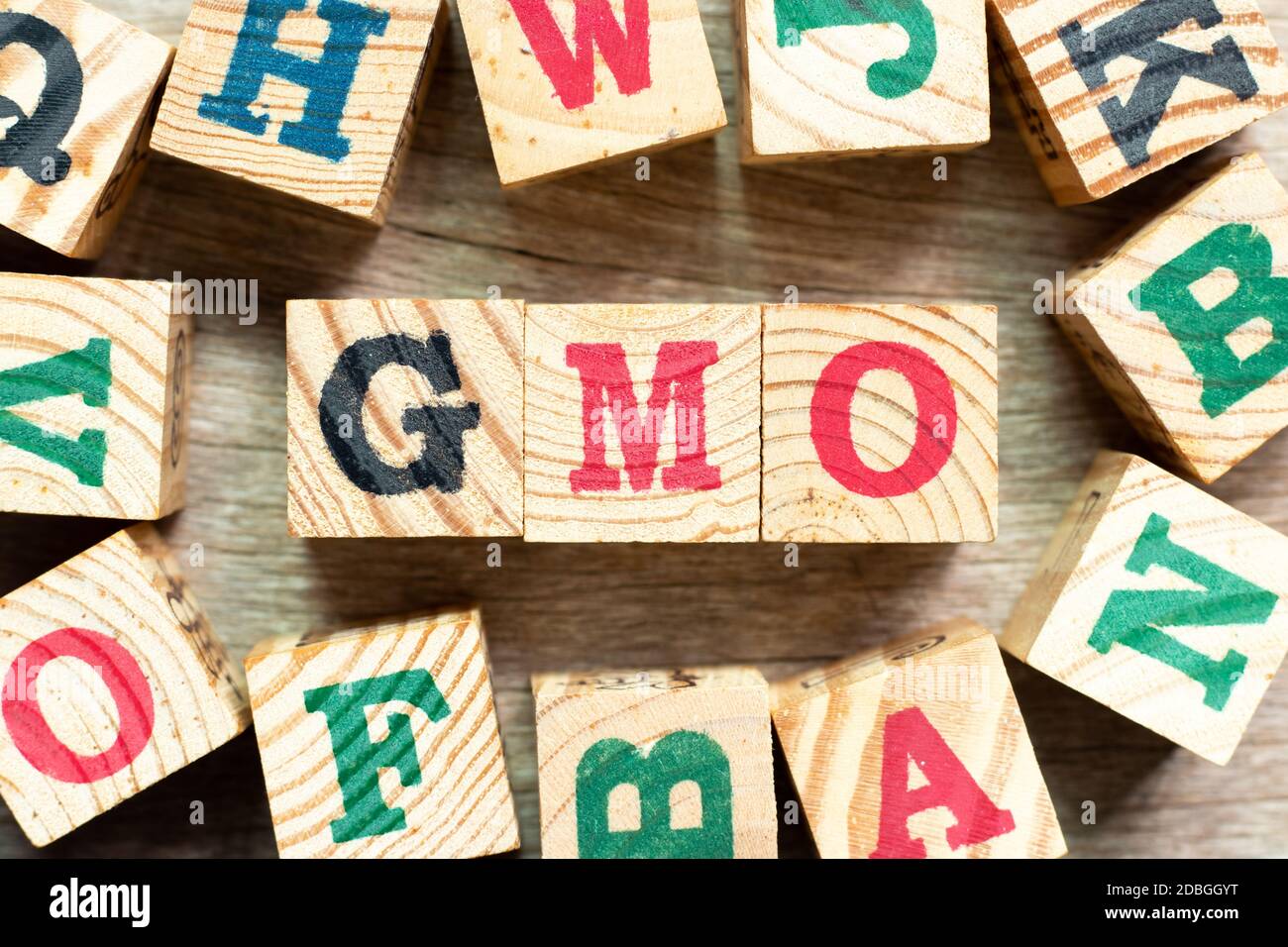 Alphabet letter block in word GMO (abbreviation of Genetically Modified ...