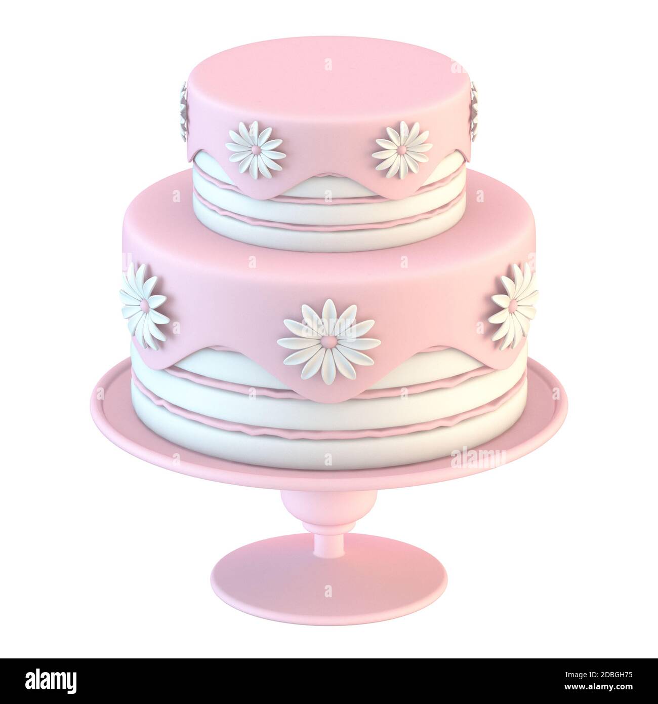 Pink white cake with flowers decoration 3D render illustration isolated ...