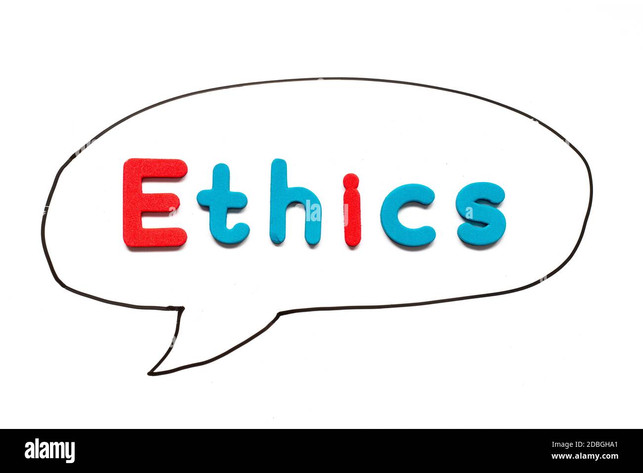 Alphabet letter with word ethics in black line hand drawing as bubble ...