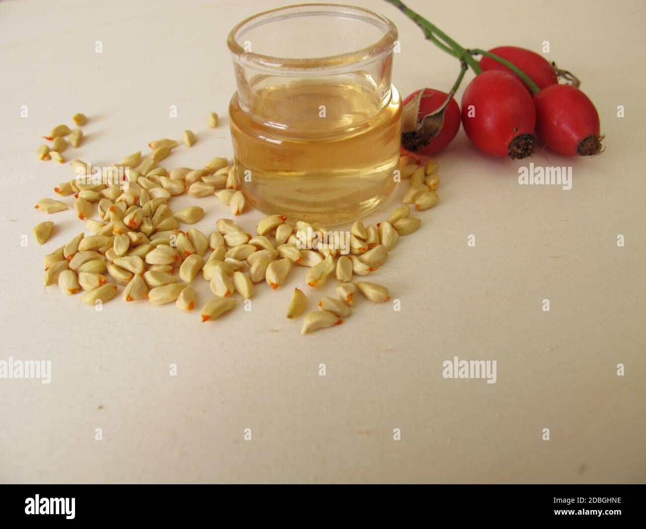 Rose hip essential oil made from wild dog rose seeds Stock Photo - Alamy