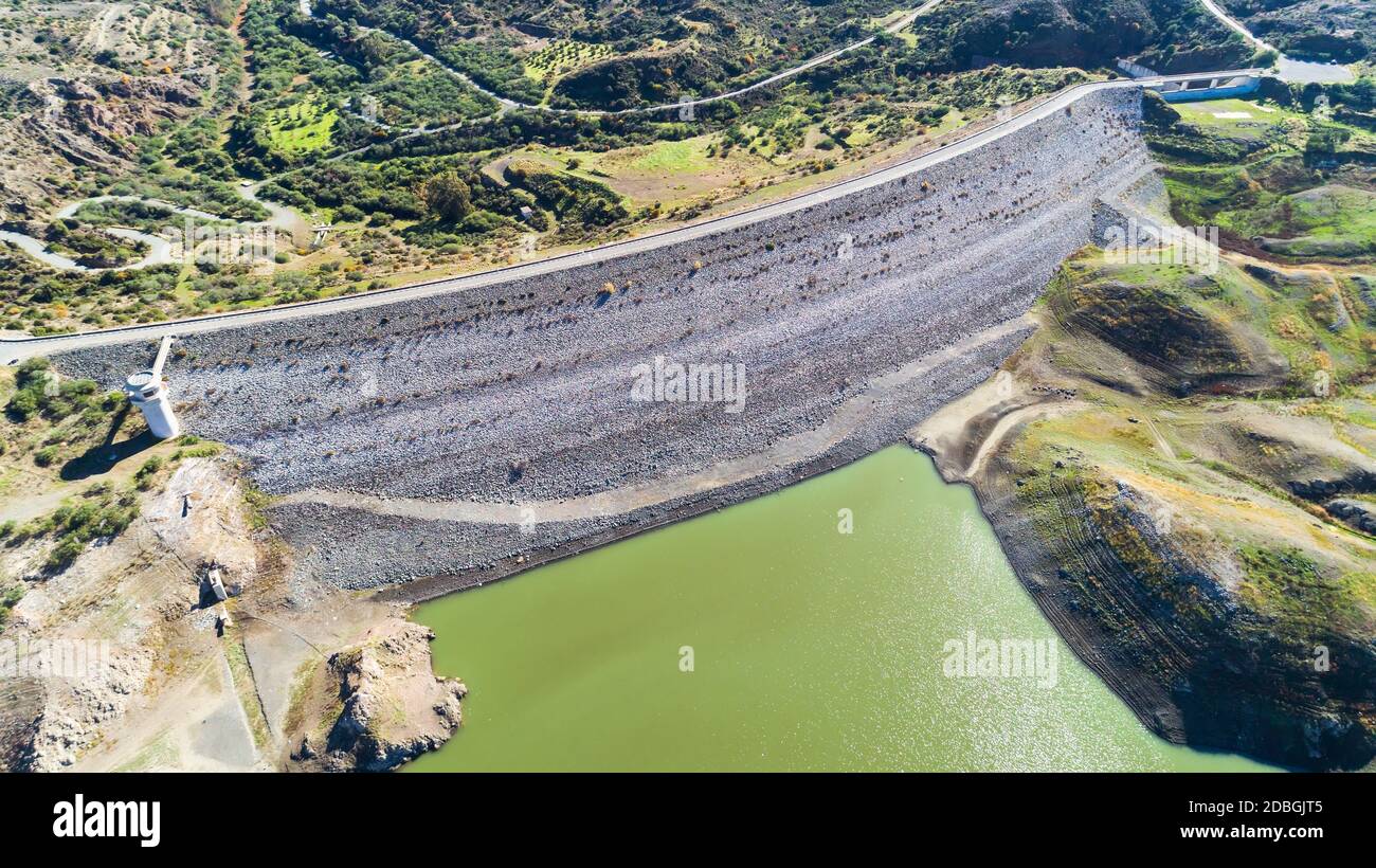 Aerial bird eye view of Kalavasos rockfill dam wall, Larnaca, Cyprus ...