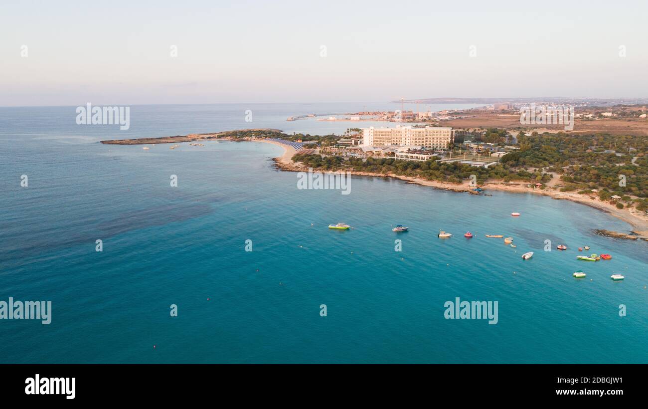 Aerial bird's eye view of Landa beach, Ayia Napa, Famagusta, Cyprus ...