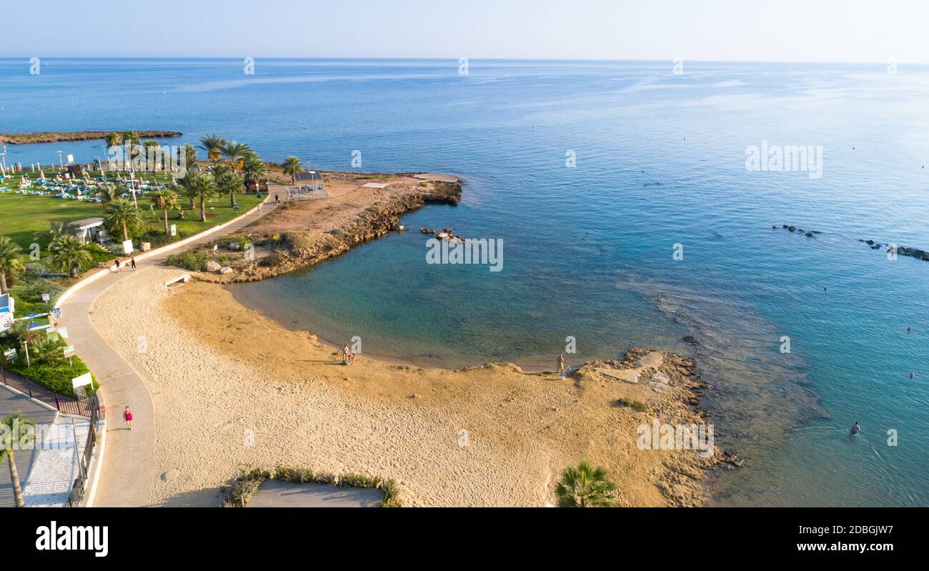 Aerial bird's eye view of Pernera beach in Protaras, Paralimni ...