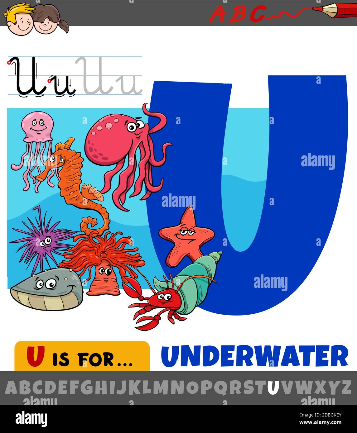 Educational cartoon illustration of letter U from alphabet with ...