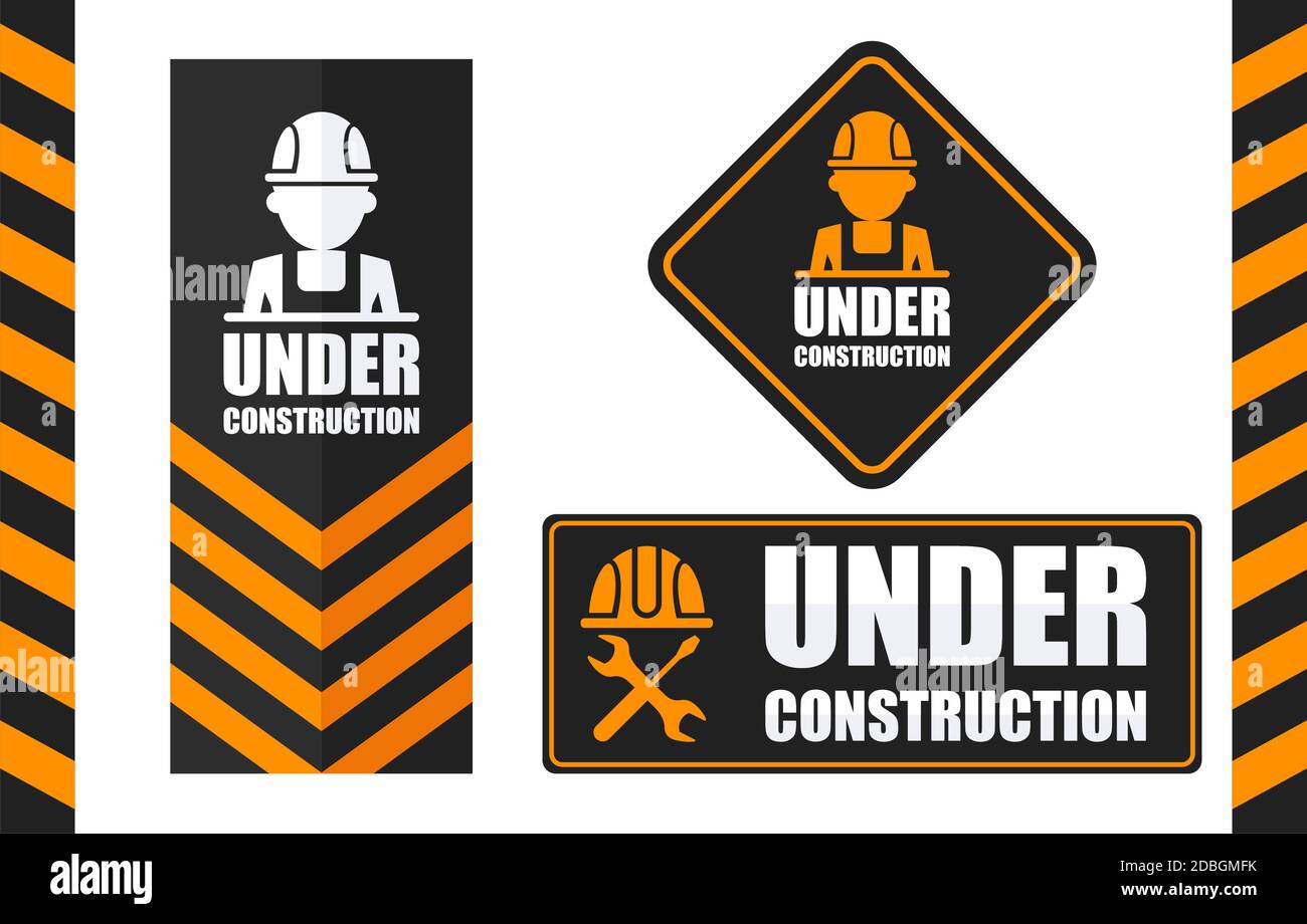 Warning sign under construction set. Black and orange color Stock ...