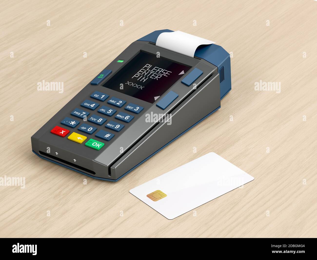 Credit card terminal and blank card on wooden desk Stock Photo - Alamy