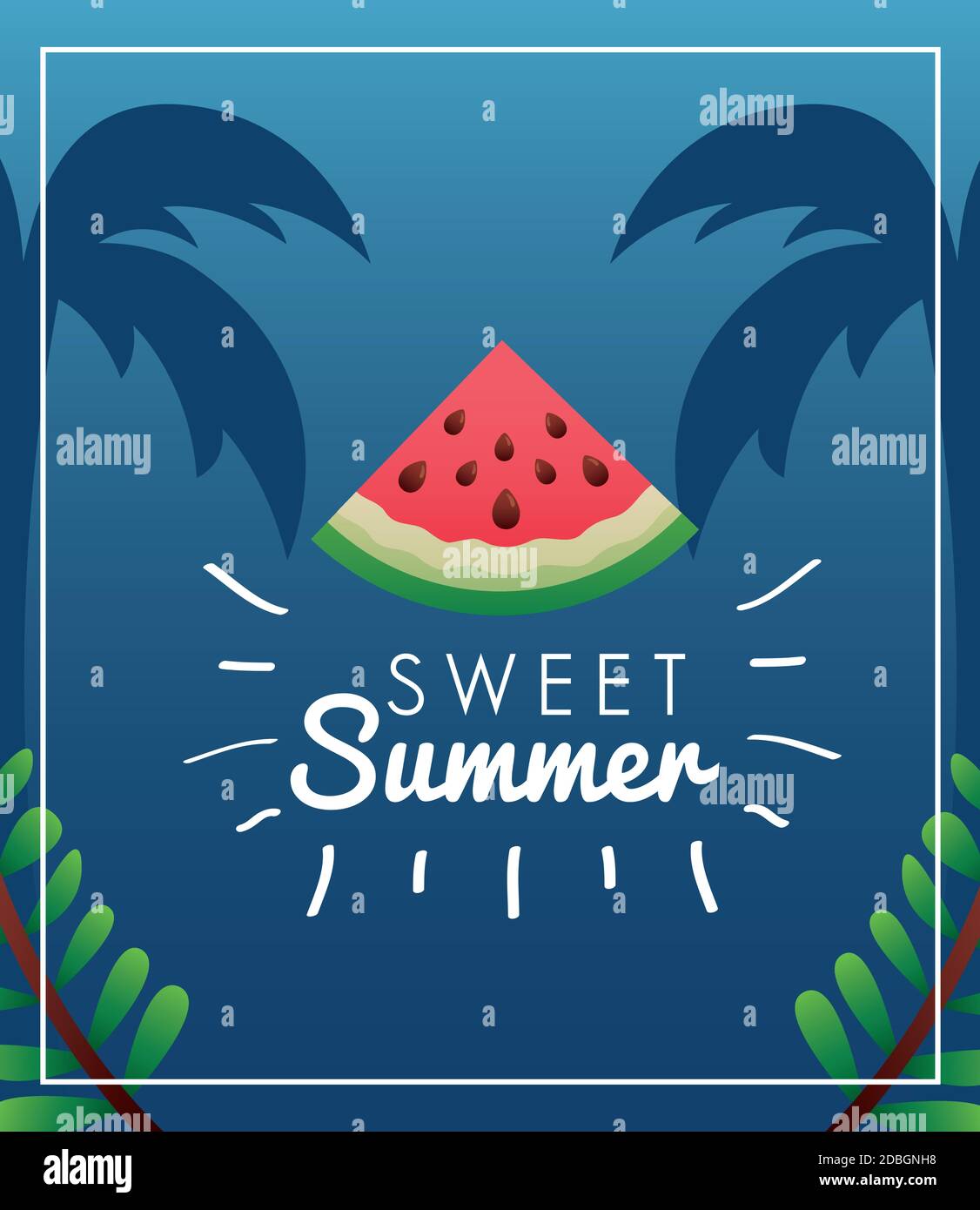 sweet summer season lettering with watermelon and palms vector ...
