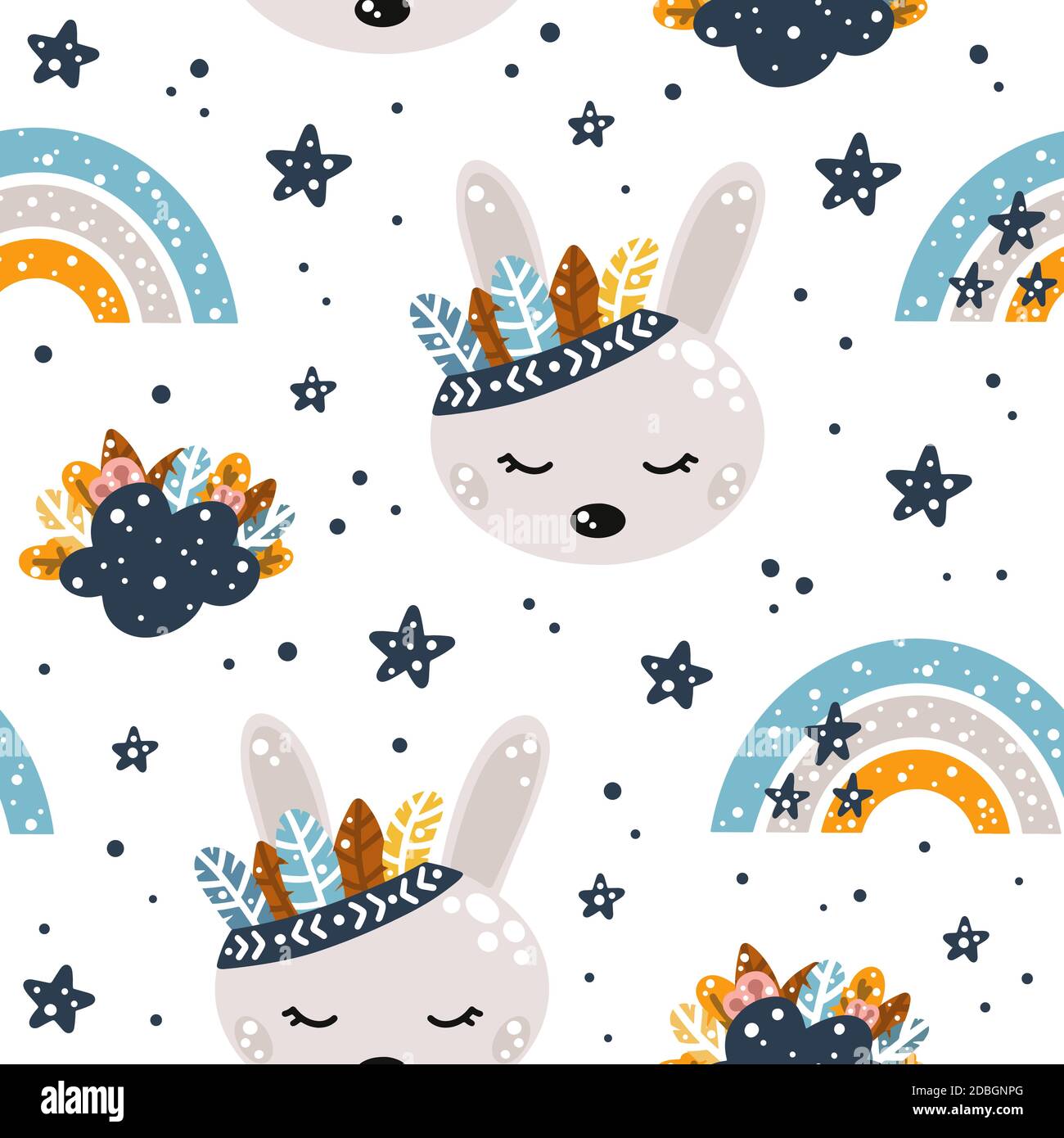 Cute seamless pattern with rainbow, bunny, clouds, feathers and stars ...