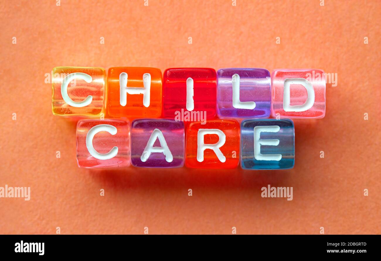 Child Care, message in text in colorful cubes on orange background ...