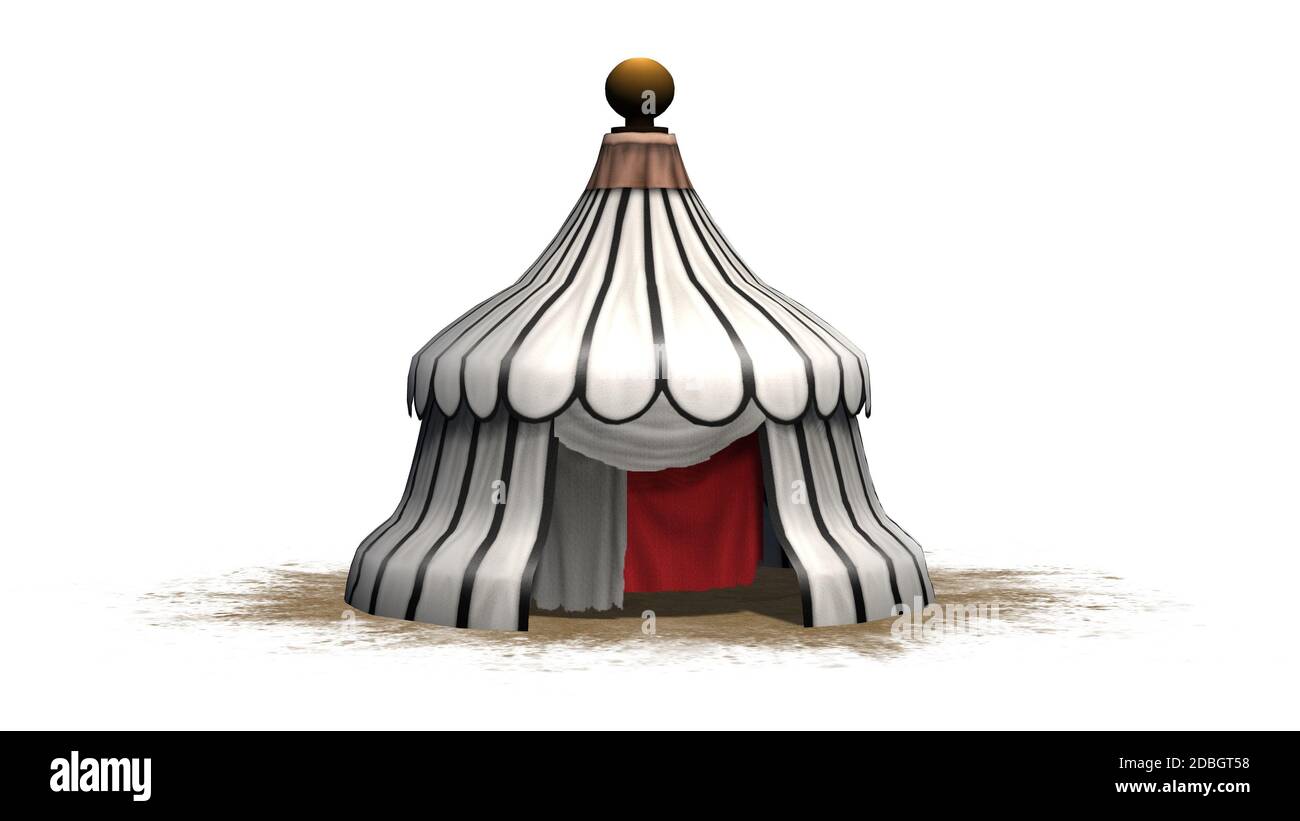 Antique round medieval tent on a sand area - isolated on white ...