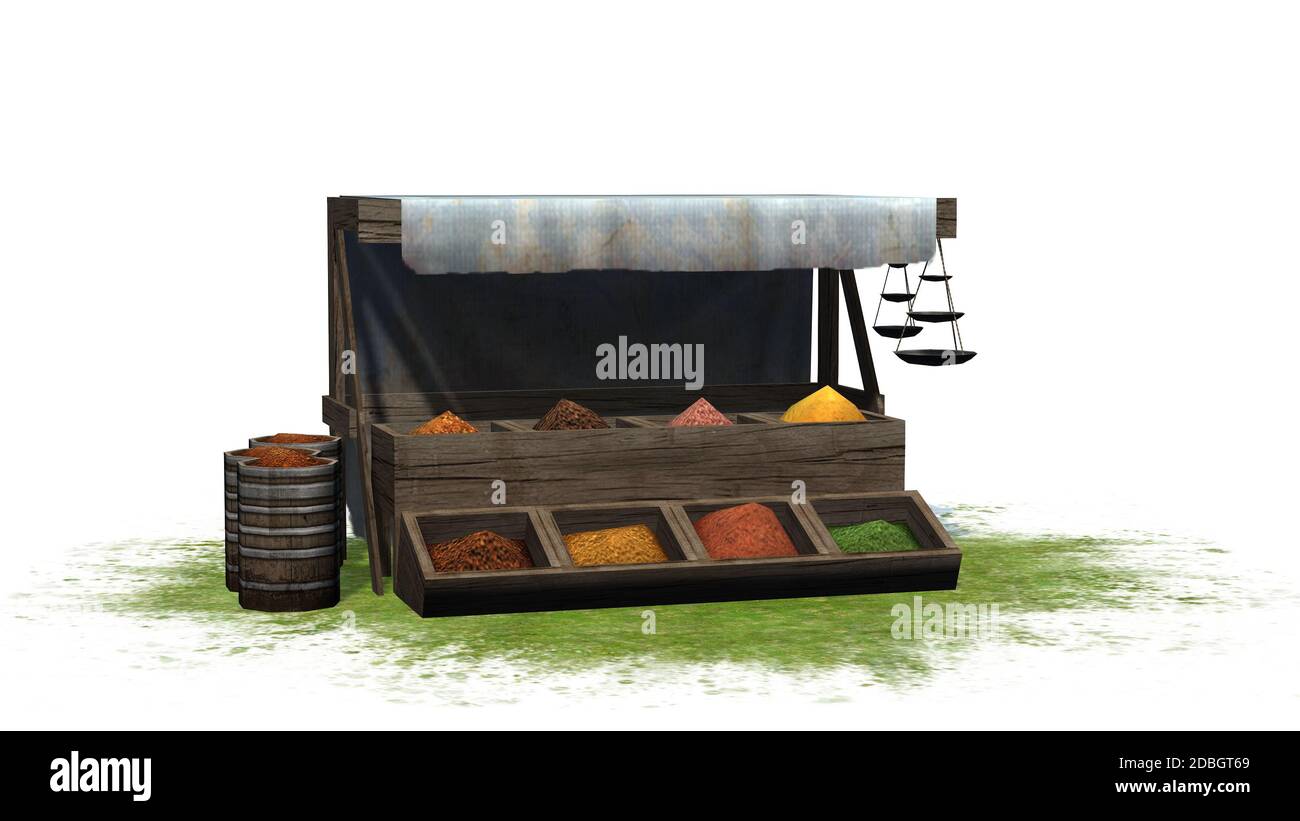 Medieval spice market stall on a grass area - isolated on white ...