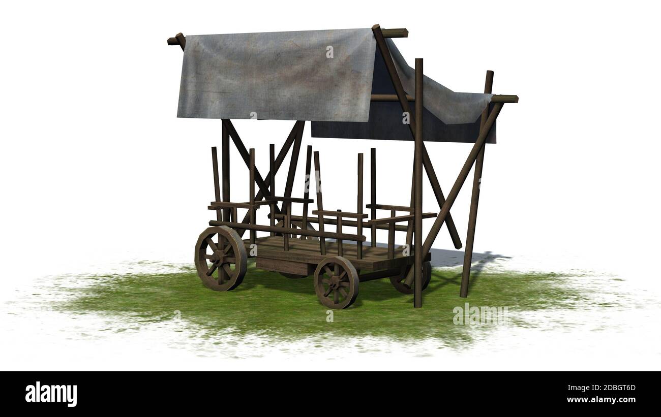 Medieval market stall on a green area - isolated on white background ...