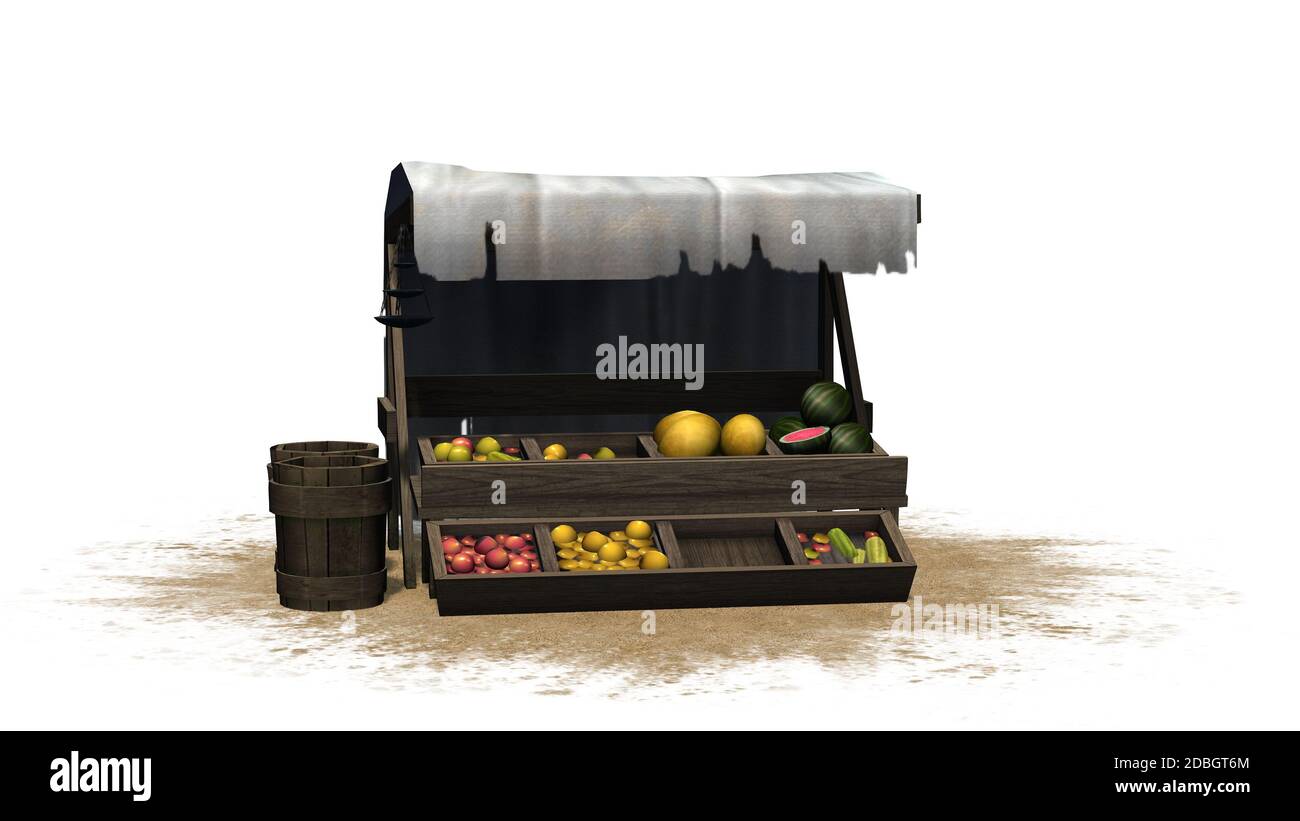 Medieval fruit market stall on a sand area - isolated on white ...