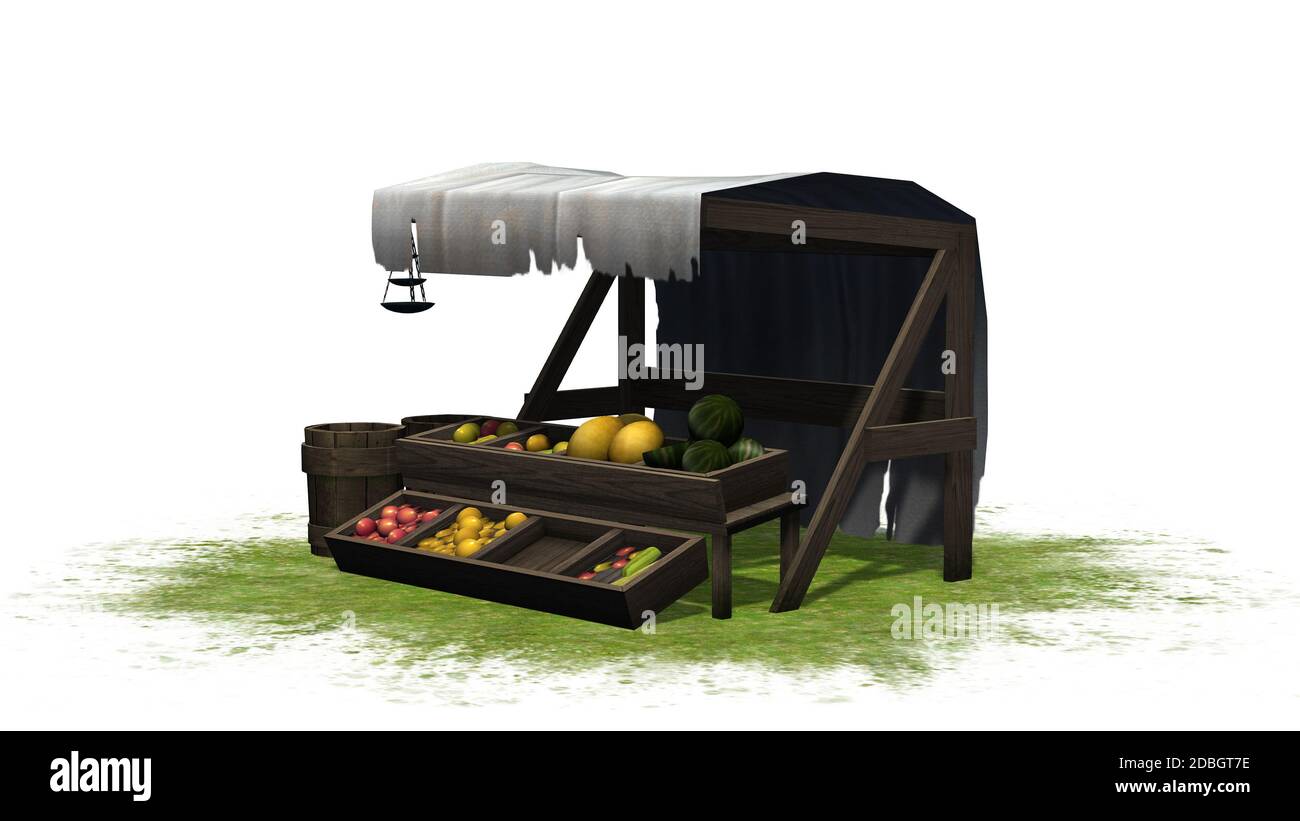 Medieval fruit market stall on a grass area - isolated on white ...