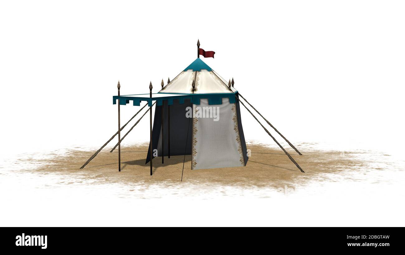 Historic medieval tent on a sand area - isolated on white background ...