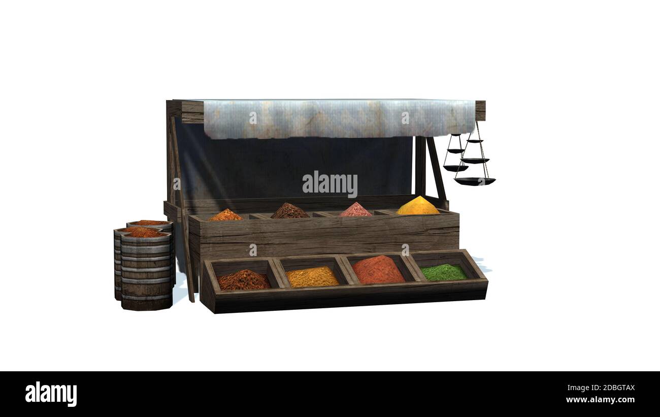 Medieval spice market stall - isolated on white background Stock Photo ...