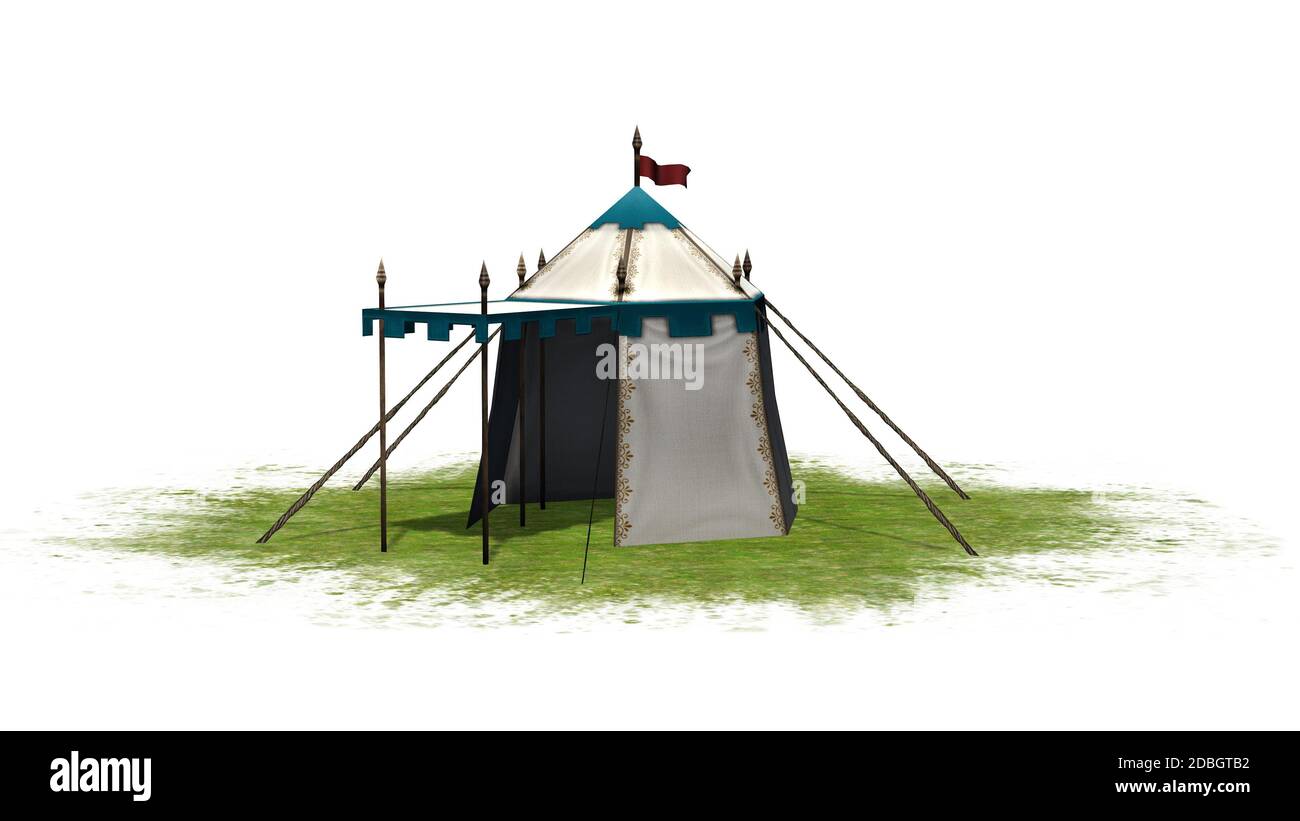 Historic medieval tent on a green area - isolated on white background ...