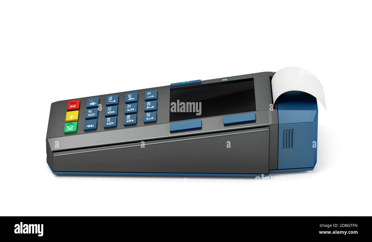 Credit card terminal on white background, side view Stock Photo - Alamy