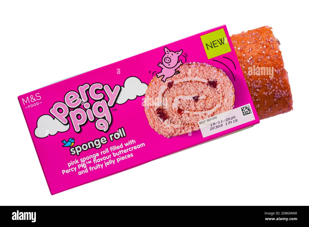 M&S Percy Pig sponge roll cake in box set on white background - pink ...