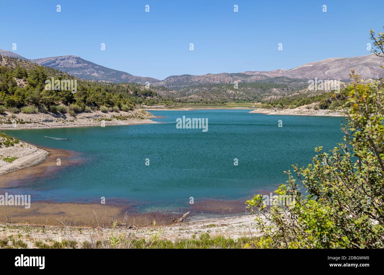 Panoramic view dammed lake Limni Apolakkias at Greek island Rhodes ...