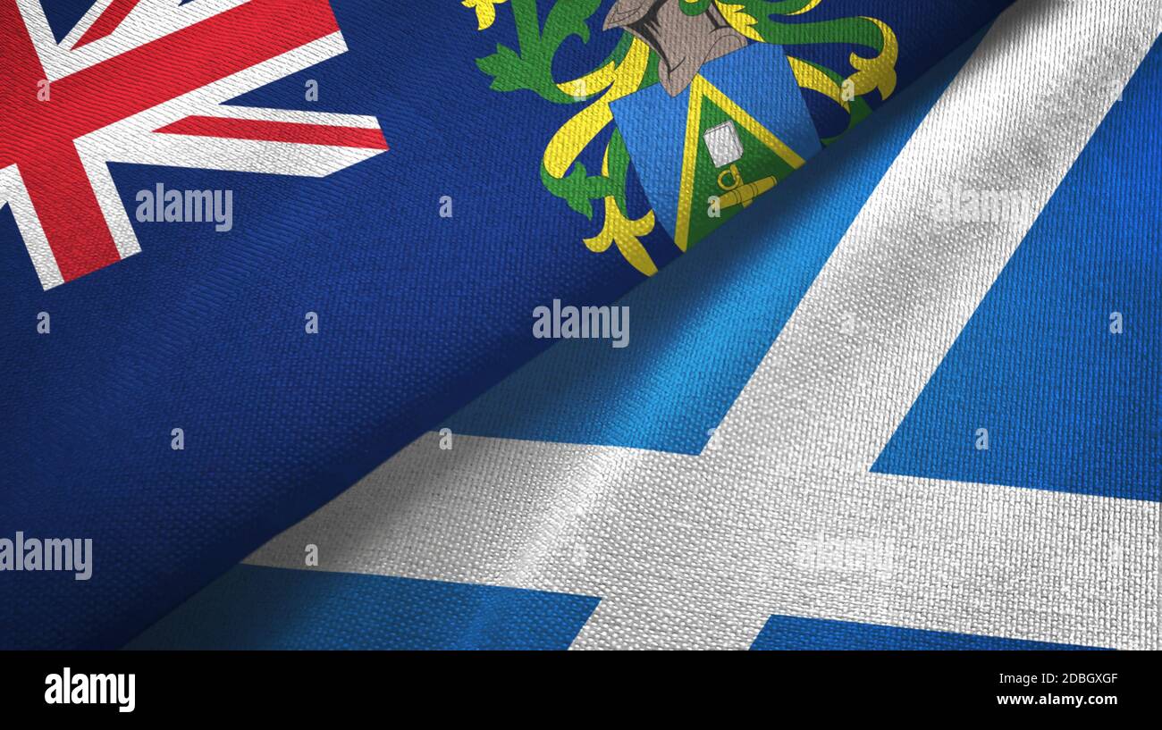 Pitcairn Islands and Scotland two flags textile cloth, fabric texture ...