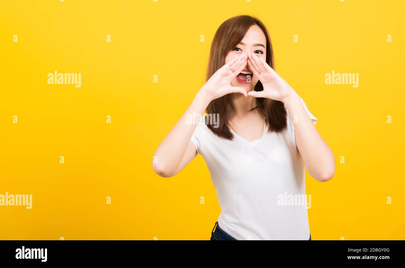 Asian happy portrait beautiful cute young woman teen standing big shout ...