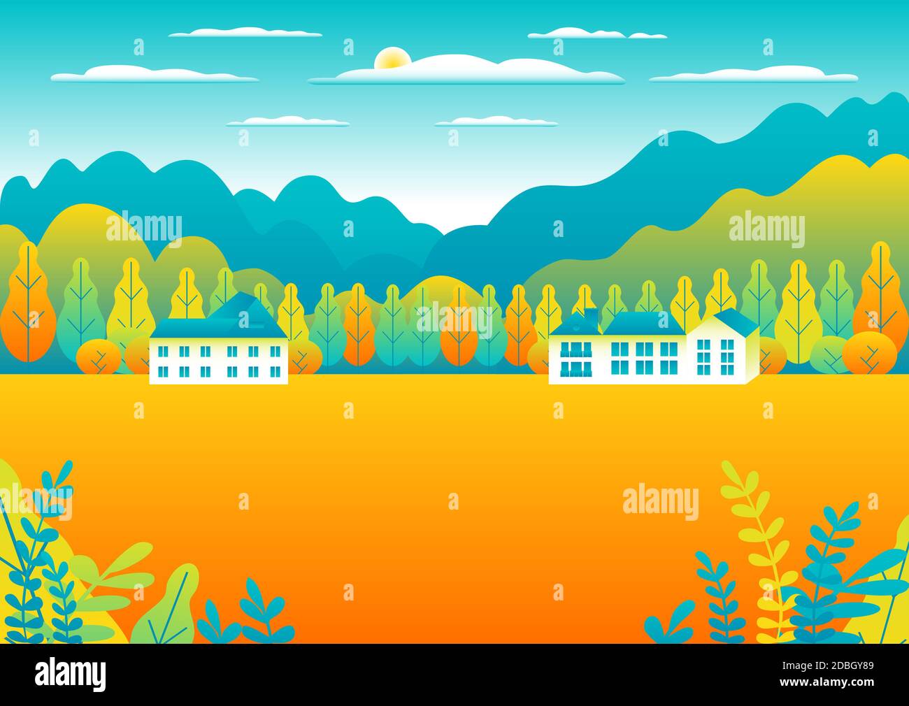 Rural or urban landscape outdoor. City or village in flat style design ...