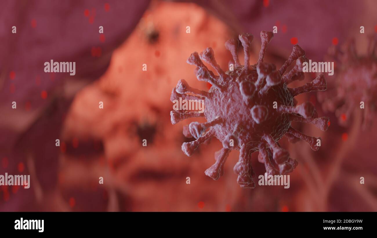 Coronavirus COVID-19 3d render illustration, virus in blood ...