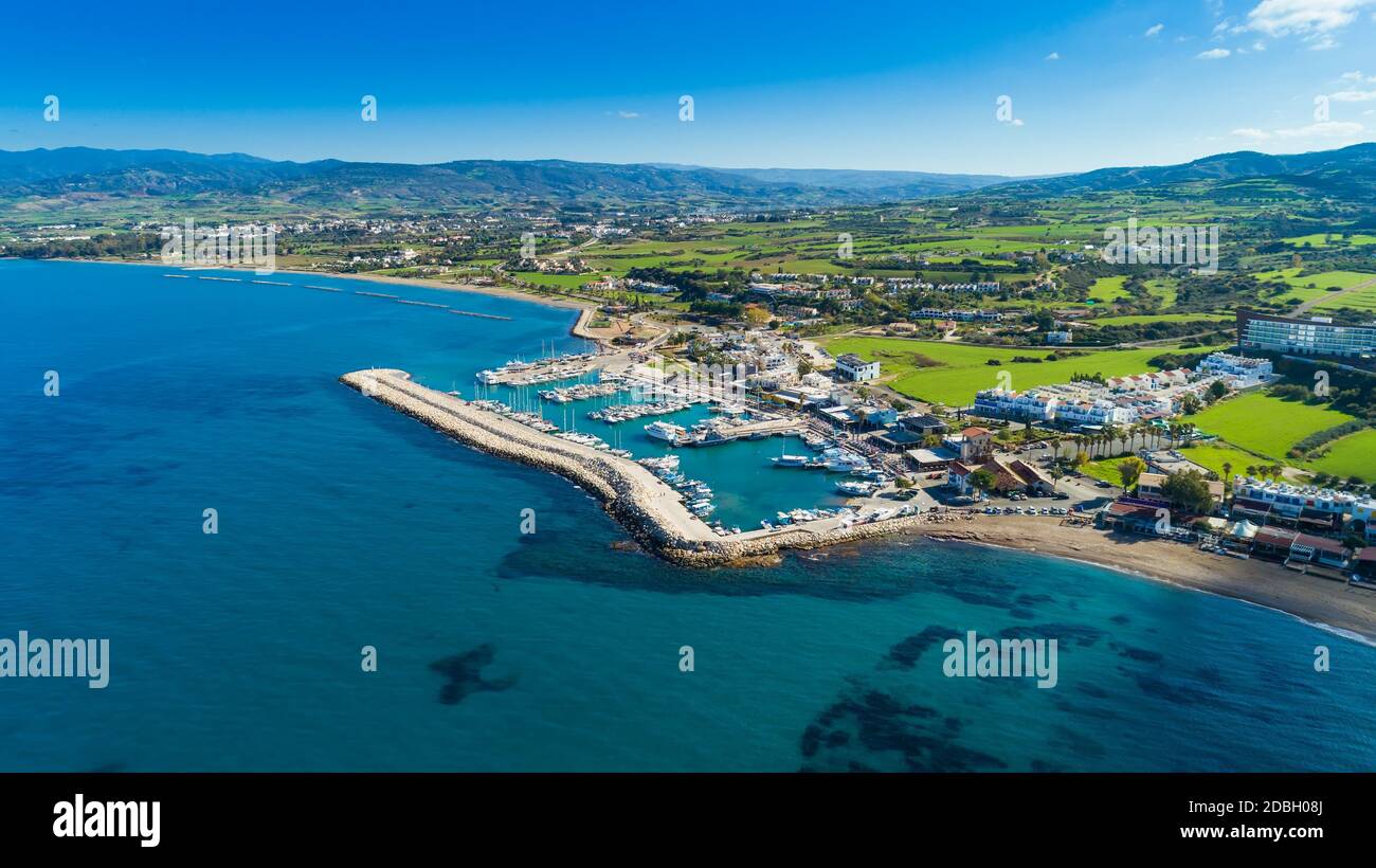 Aerial bird's eye view of Latchi port, Akamas peninsula, Polis ...