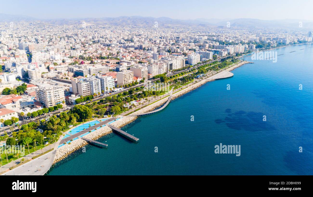 Aerial view of Molos Promenade park on the coast of Limassol city ...