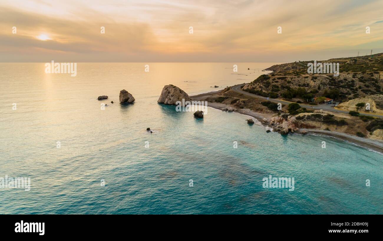Aerial Bird's eye view of Petra tou Romiou, aka Aphrodite's rock a ...