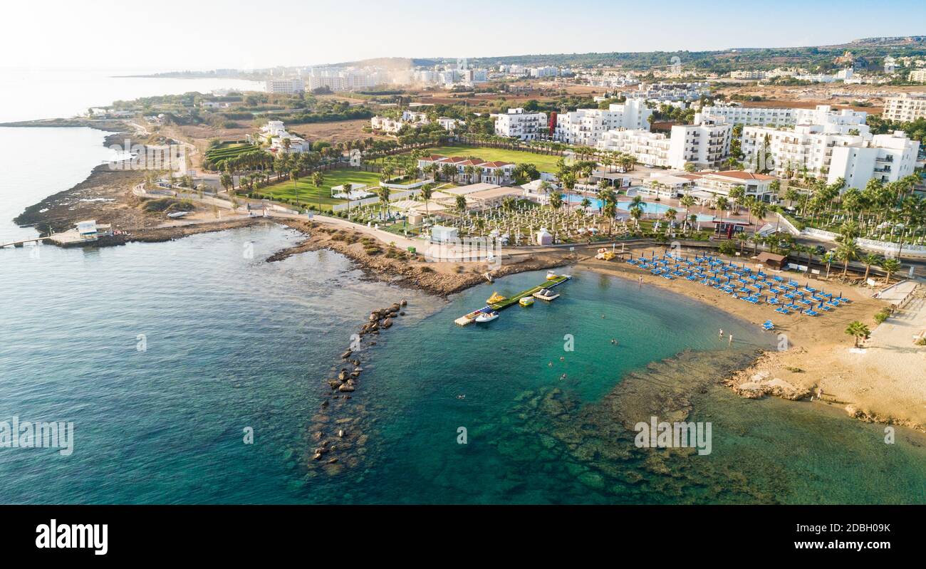 Aerial bird's eye view of Pernera beach in Protaras, Paralimni ...