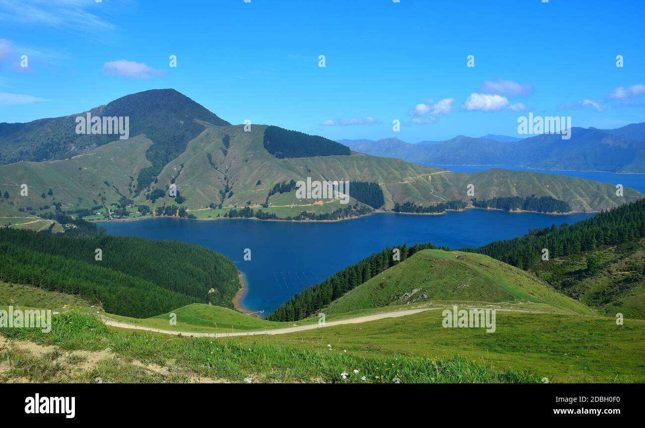 The Marlborough Sounds in New Zealand, South Island, with mountains ...