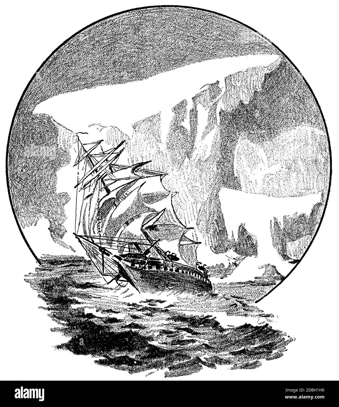 Ship and iceberg. Illustration of the 19th century. White background ...