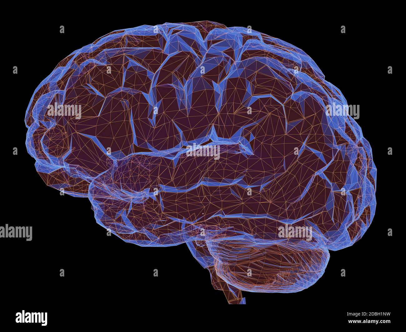 3D illustration. Human brain in a structure of polygonal connections ...
