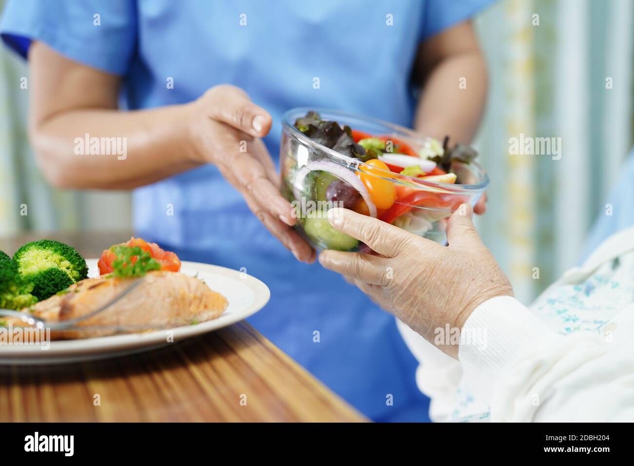 Asian senior or elderly old lady woman patient eating breakfast healthy ...