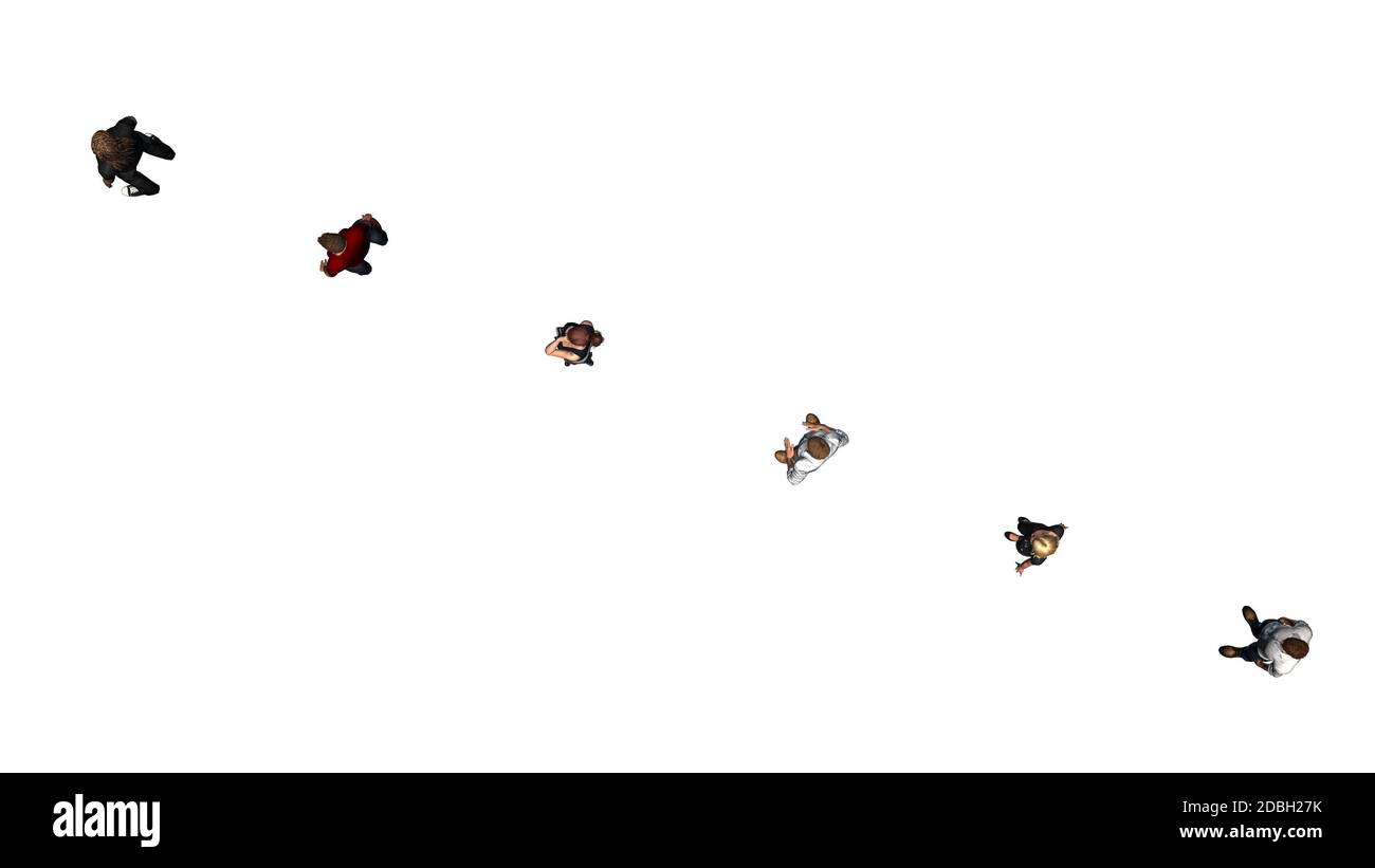 keep distance - people wait in a row with distance - top view ...