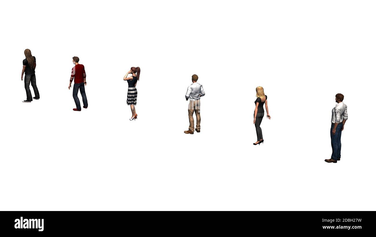 keep distance - people wait in a row with distance - isolated on white ...