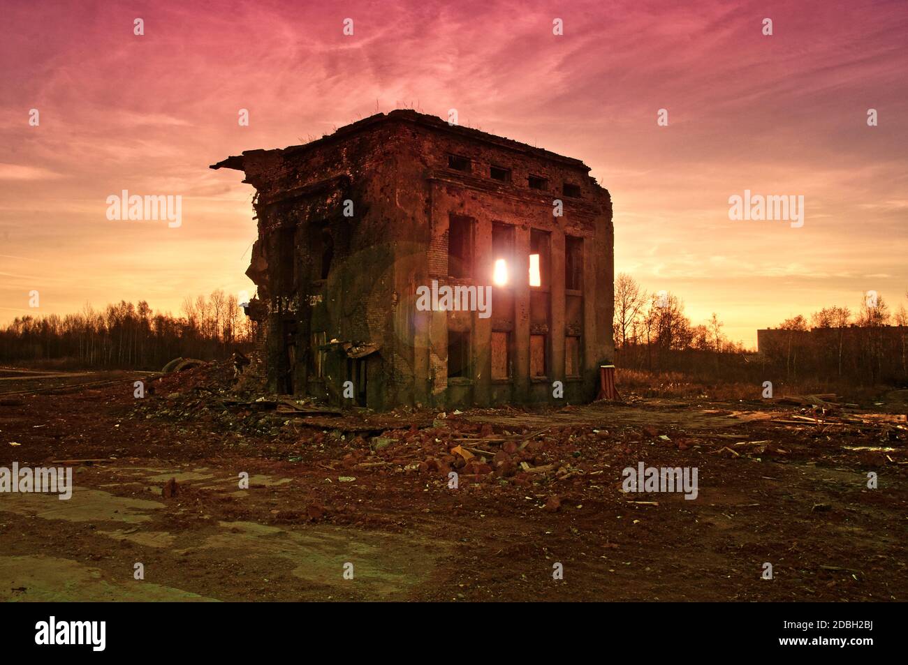 Landscape of ruined buildings at sunset, image of decrepitude or ...