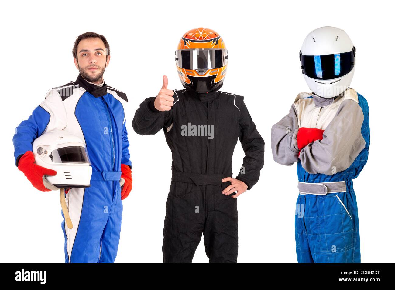 Racing drivers posing with helmets isolated in white Stock Photo - Alamy