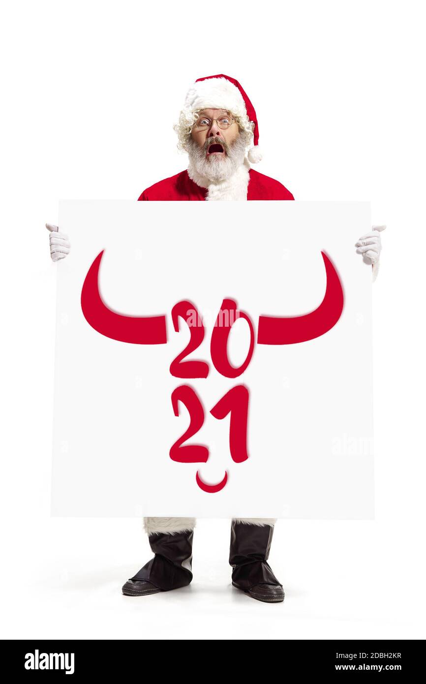 Shocked. Stylish Santa Claus in traditional costume with 2021 big ...