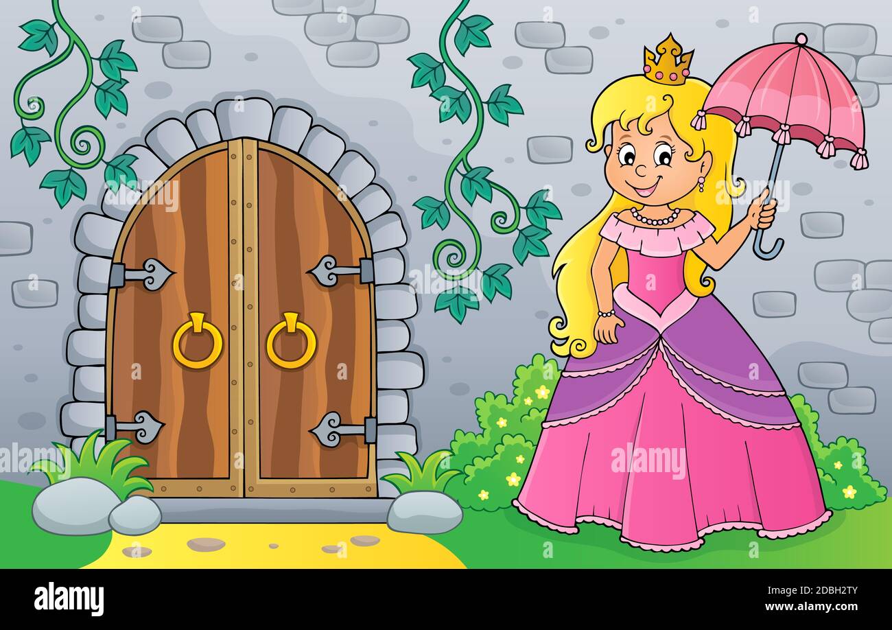 Princess with umbrella by old door - picture illustration Stock Photo ...