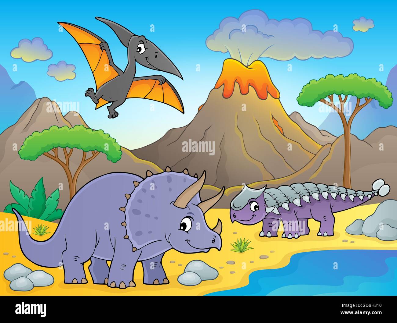 Dinosaurs near volcano image 1 - picture illustration Stock Photo - Alamy