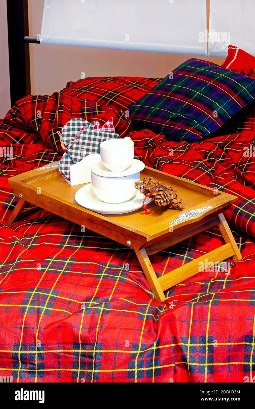 Wooden breakfast tray on the modern bed Stock Photo - Alamy